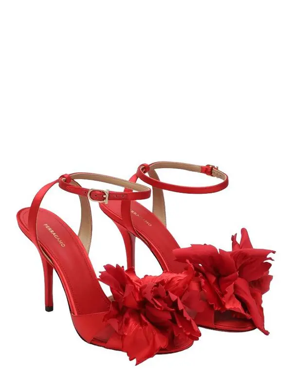 FERRAGAMO Satin Sandals With Flower - Red
