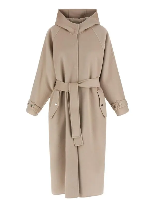 Pinko Hooded 'cartoccio' Wool Coat With Removable Belt - Beige