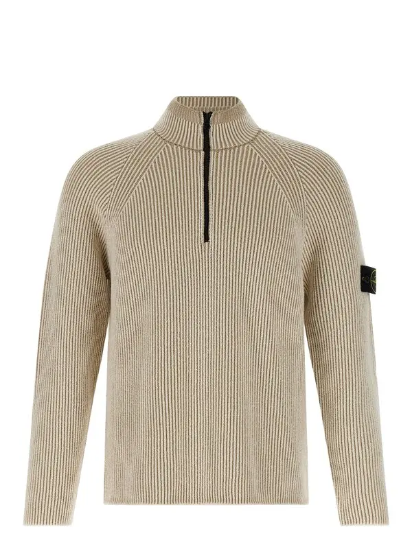 Stone Island Ribbed Virgin Wool Cardigan - Beige
