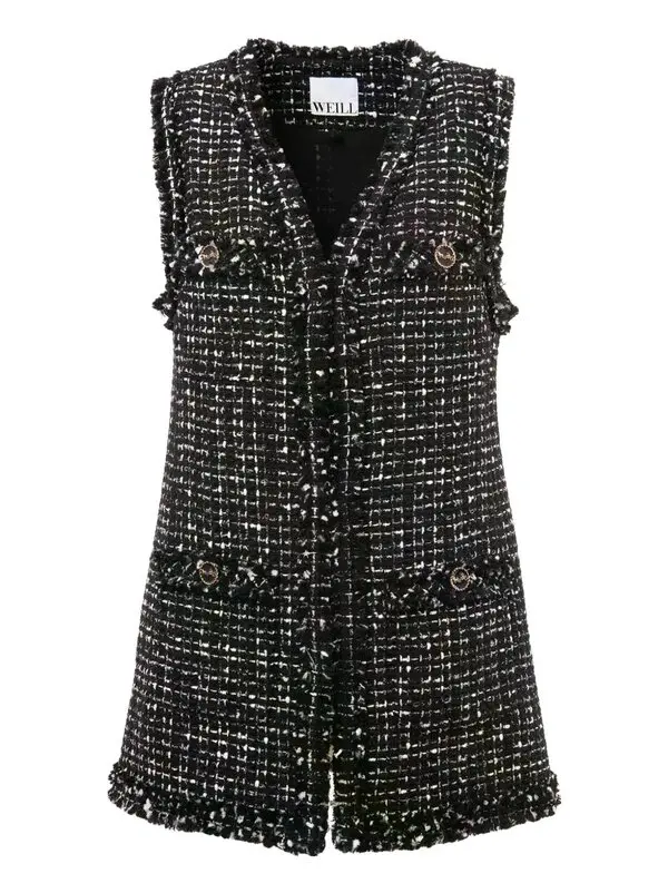 WEILL Fringed Tweed Sleeveless Jacket - Black