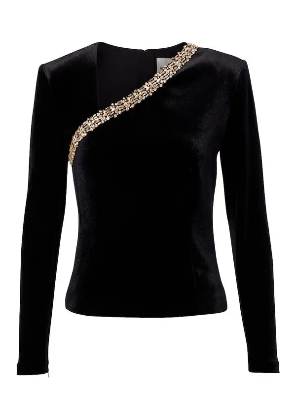 Roland Mouret Asymmetric Embellished Velvet Top - Black
