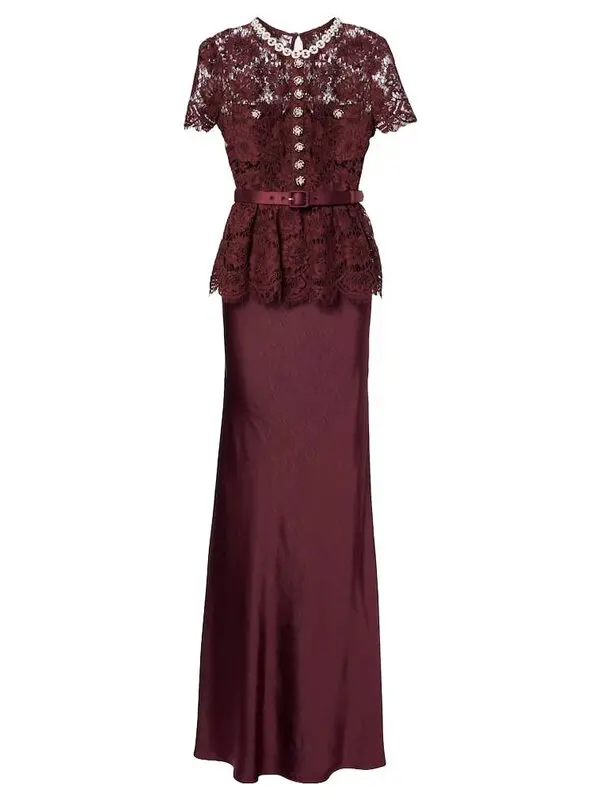 SELF-PORTRAIT Belted Lace And Satin Maxi Dress - Burgundy