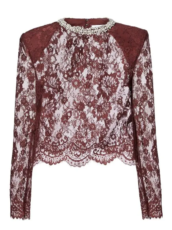SELF-PORTRAIT Embellished Lace Top - Brown