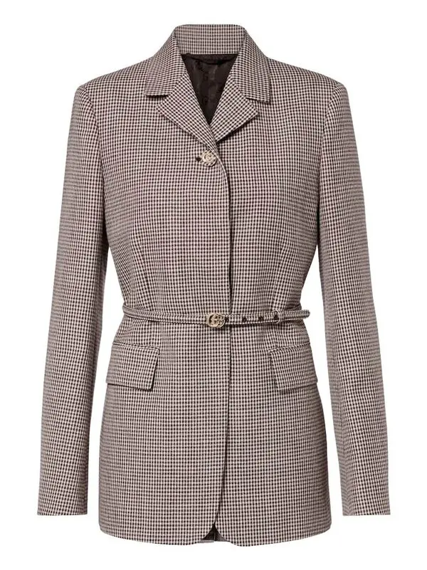 Gucci Double G Gingham Belted Wool Blazer - Brown