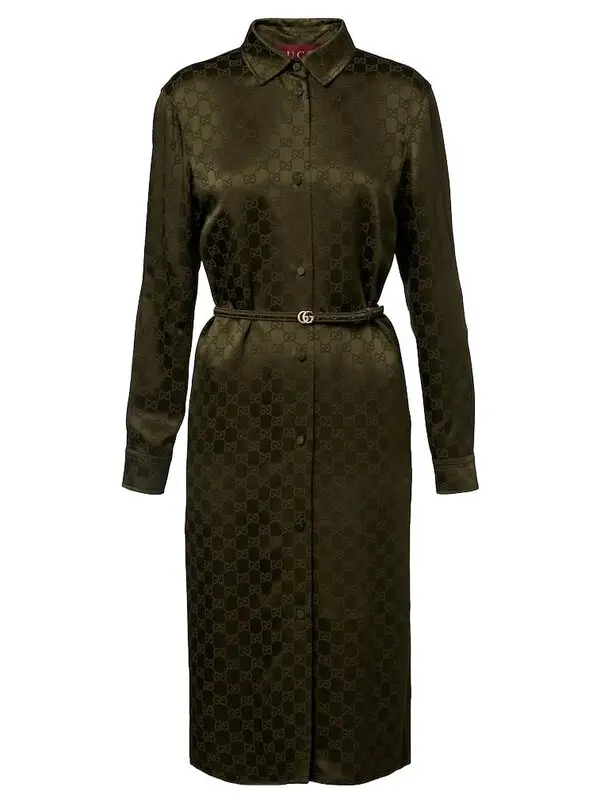 Gucci Gg Belted Satin Jacquard Shirt Dress - Green