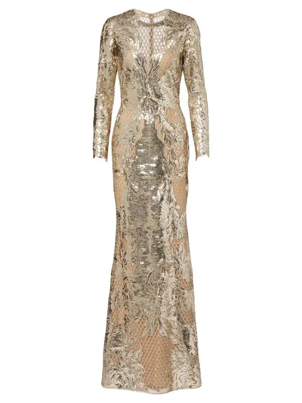 Elie Saab Embroidered Sequined Tulle Gown - Gold
