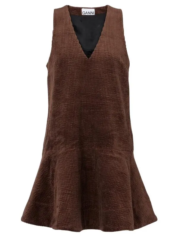 GANNI Cotton Corduroy Mini Dress - Brown
