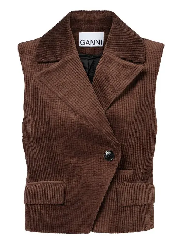 GANNI Cotton Corduroy Single-breasted Vest - Brown