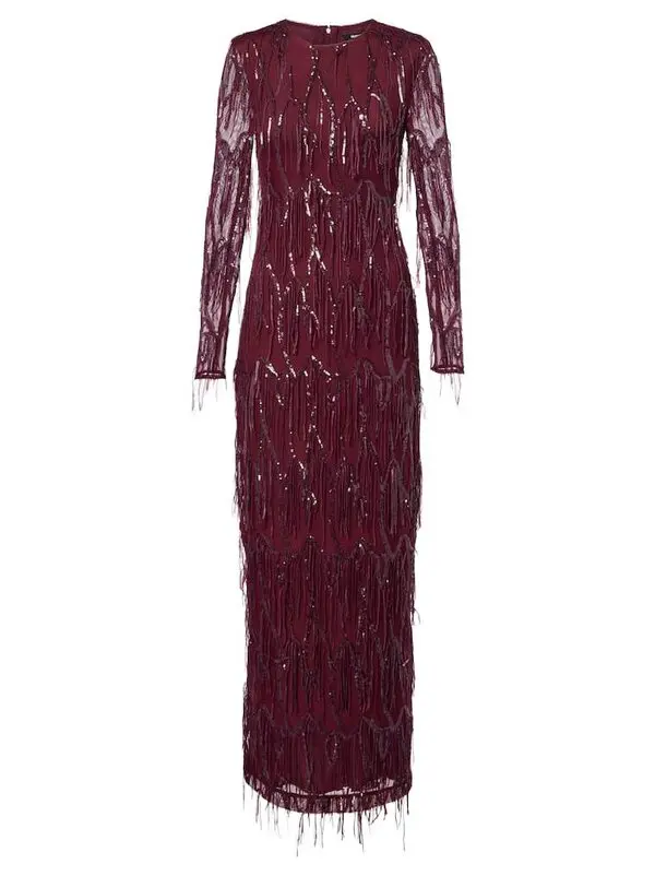 Remain Birger Christensen Fringed Sequined Mesh Gown - Burgundy