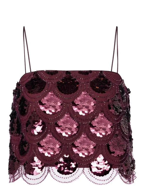 ROTATE BY BIRGER CHRISTENSEN Embellished Mesh Crop Top - Burgundy