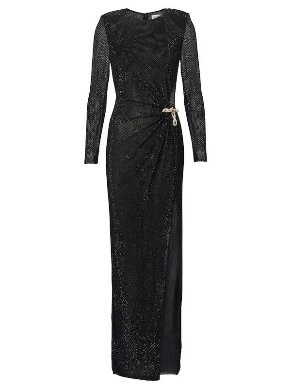 SELF-PORTRAIT Rhinestone-embellished Mesh Maxi Dress - Black