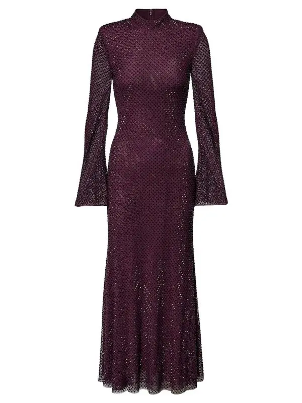 SELF-PORTRAIT Rhinestone Mesh Maxi Dress - Burgundy