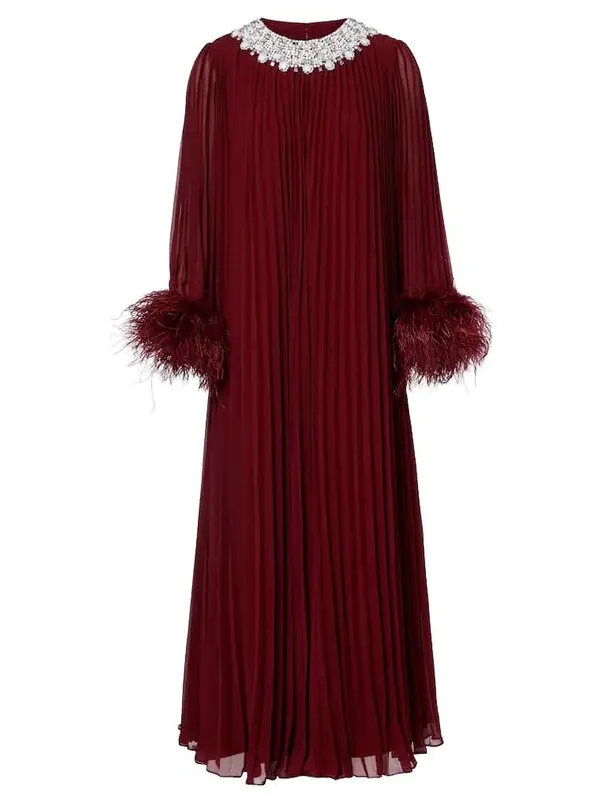 SELF-PORTRAIT Embellished Feather-trimmed Maxi Dress - Burgundy