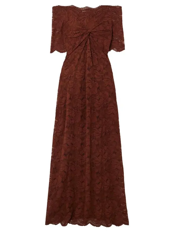 Rabanne Off-the-shoulder Twist-front Stretch-lace Midi Dress - Brown
