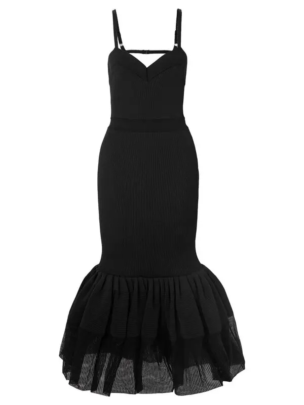 Givenchy Tiered Pleated Ribbed-knit Maxi Dress - Black