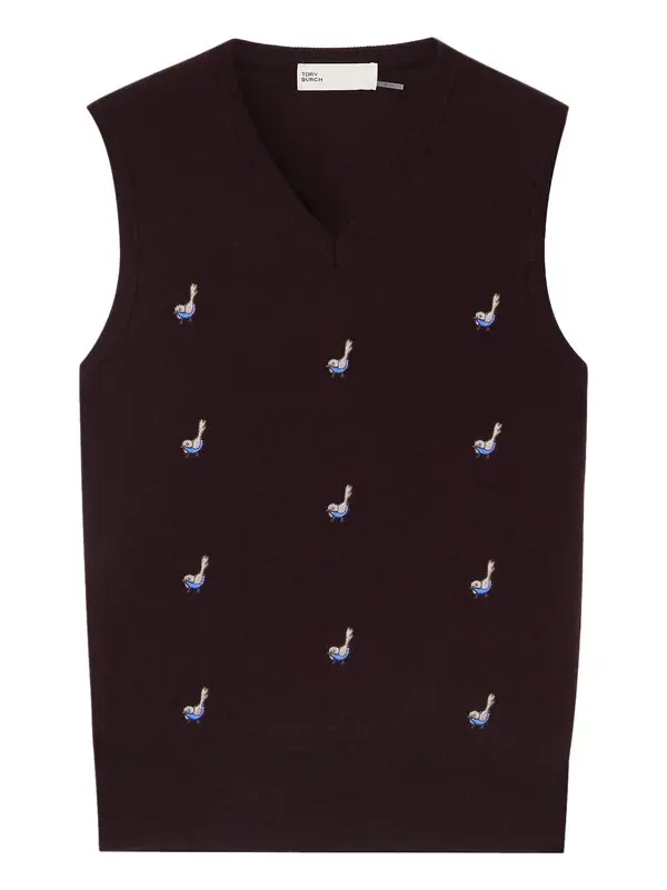 Tory Burch Embroidered Cashmere Sweater Vest - Burgundy