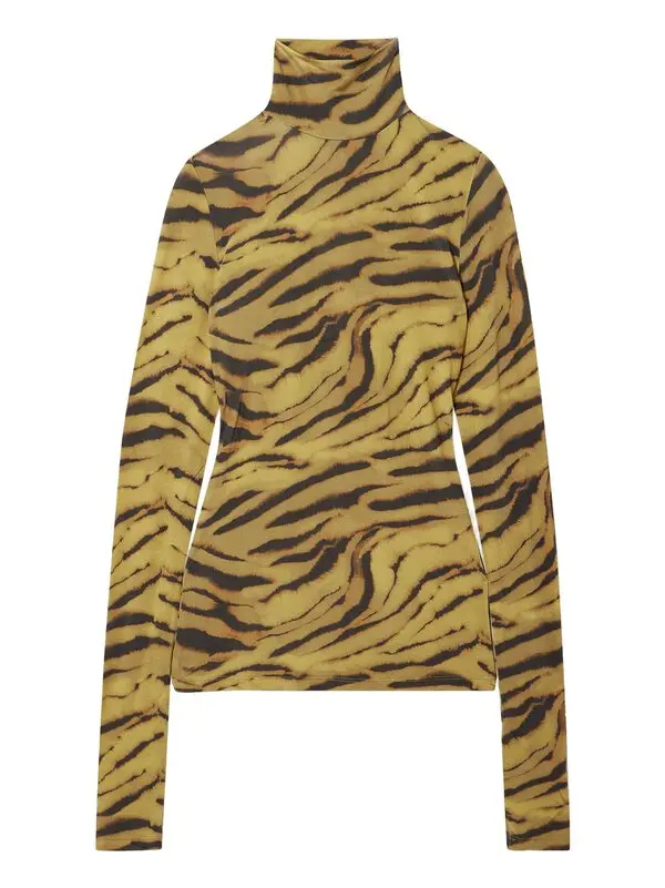 GANNI Zebra-print Stretch-jersey Turtleneck Top - Yellow