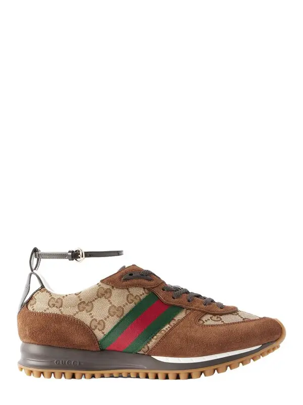 Gucci Re-motion Suede, Canvas-jacquard, And Patent-leather Sneakers - Brown