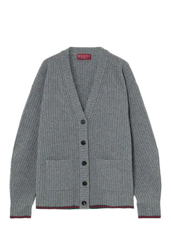 Gucci Striped Ribbed Wool Cardigan - Gray