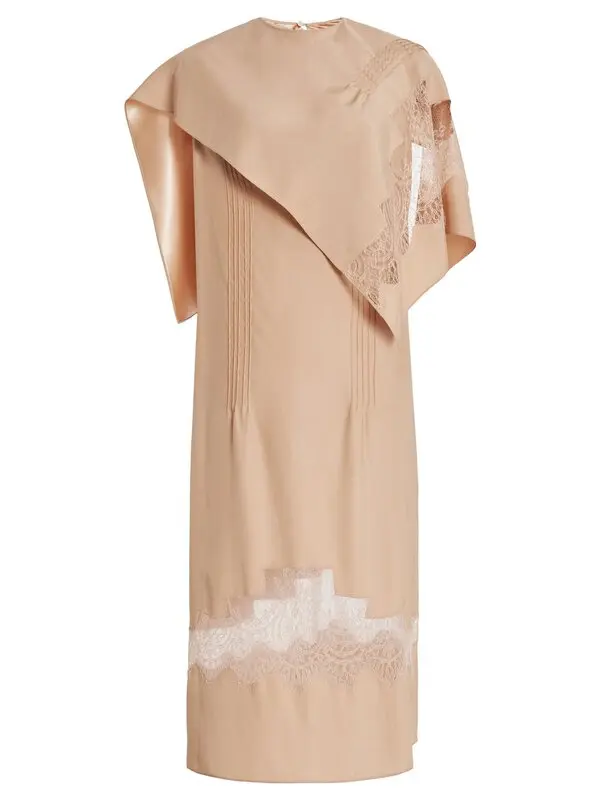 FERRAGAMO Lace-trimmed Organic Silk Midi Dress With Capelet - Neutral