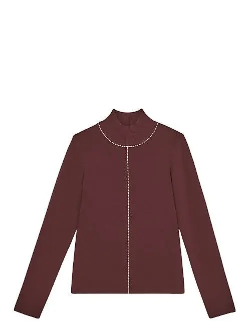 REISS Stretch-knit Jumper With Contrast Stitching - Burgundy Camel