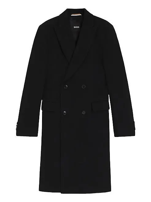 BOSS Double-breasted Peak-lapel Wool-blend Coat - Black