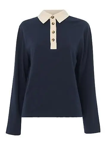 Whistles Long-sleeved Contrast-trim Cotton Polo Shirt - Blue