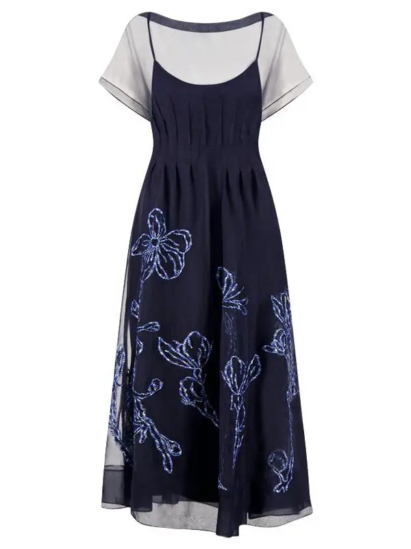 Lela Rose Ikat Floral Embroidered Organza Dress - Blue