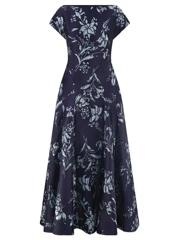 Lela Rose Metallic Floral Jacquard Seam Detail Dress - Black