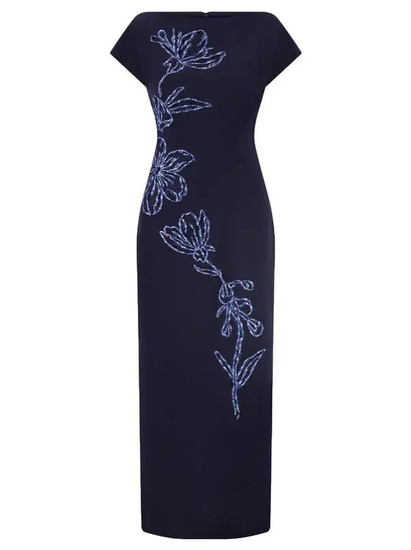 Lela Rose Ikat Floral Embroidered Fluid Crepe Dress - Blue