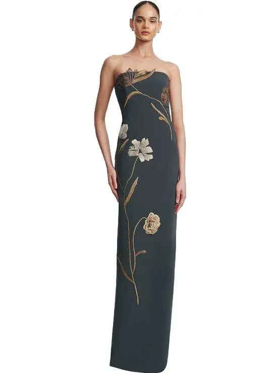 Lela Rose Cord Embroidered Fluid Crepe Strapless Gown - Floral