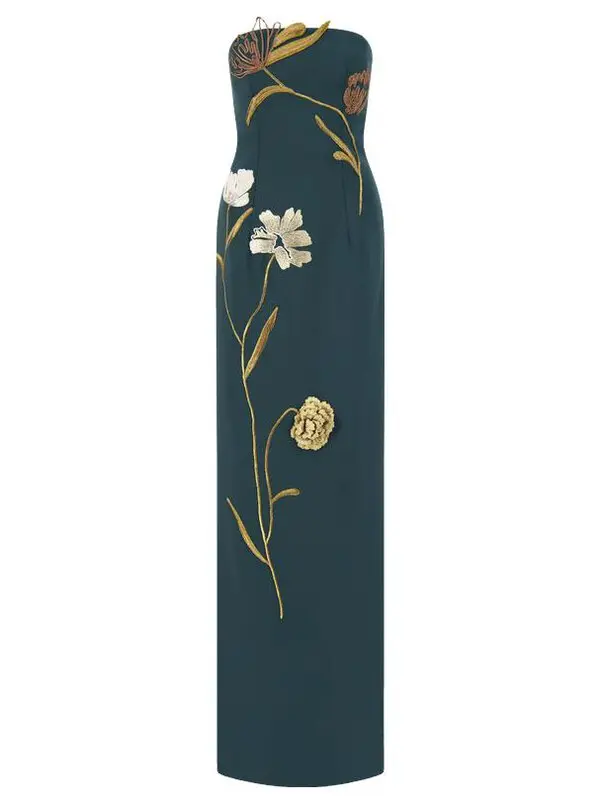 Lela Rose Cord Embroidered Fluid Crepe Strapless Gown - Floral