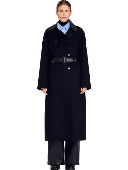 Sandro Long Wool And Lamb Leather Coat - Black
