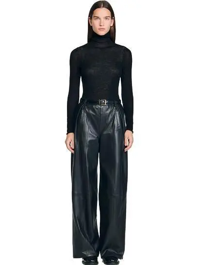 Sandro Long Wool And Leather Coat - Black