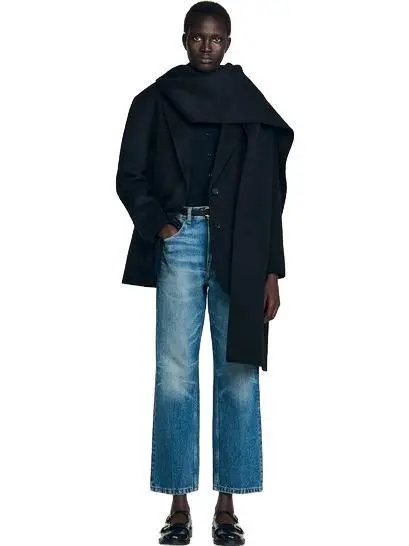 Sandro Short Wool Coat With Removable Scarf - Black