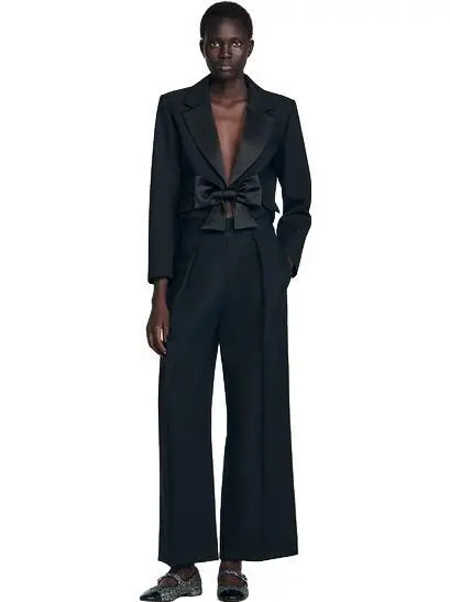 Sandro Satin Bow Cropped Blazer - Black