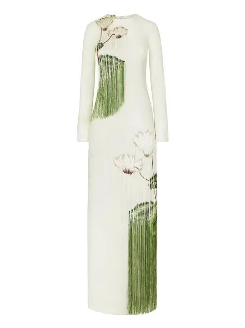 Oscar De La Renta Chiné Cyclamen Threadwork Fringe Caftan - Natural