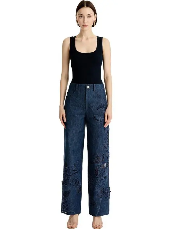 Oscar De La Renta Porcelain Flower Cutout Pant - Denim
