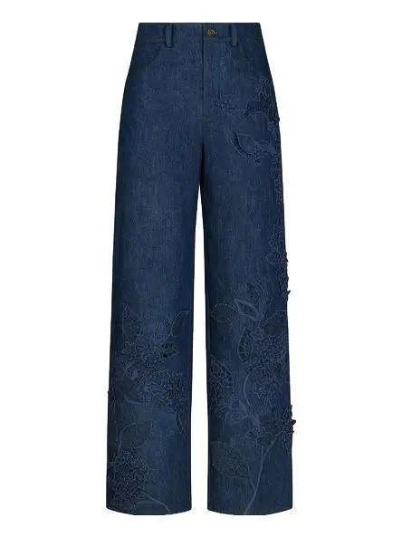 Oscar De La Renta Porcelain Flower Cutout Pant - Denim