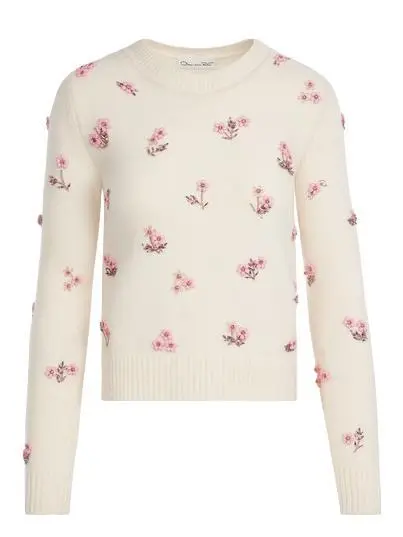 Oscar De La Renta Porcelain Flower Sequin Embroidered Pullover - Red