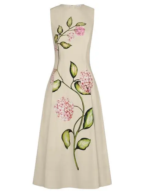 Oscar De La Renta Porcelain Flower Cotton Poplin Sleeveless Dress - Natural