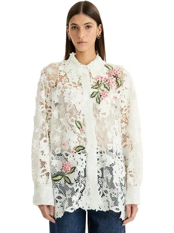 Oscar De La Renta Porcelain Flower Guipure Blouse - Natural