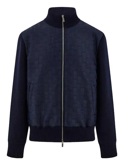 FERRAGAMO Monogram Jacquard Knit Bomber Jacket - Navy