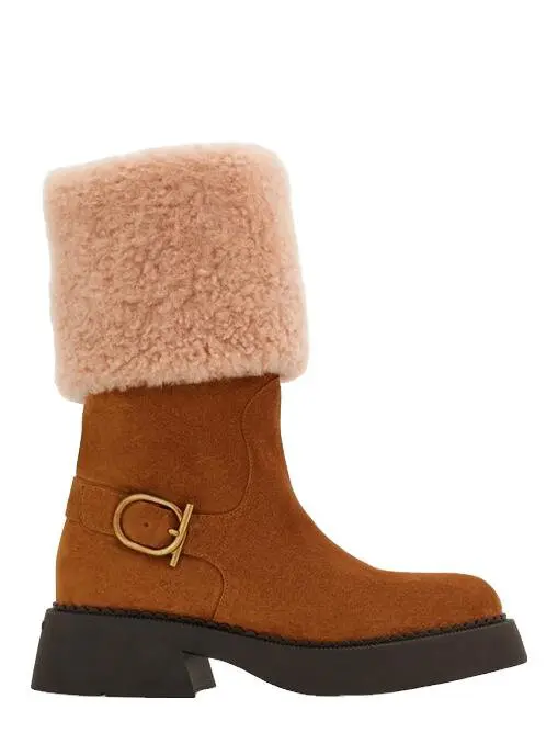 FERRAGAMO Ankle Boot With Shearling Detail - Gold