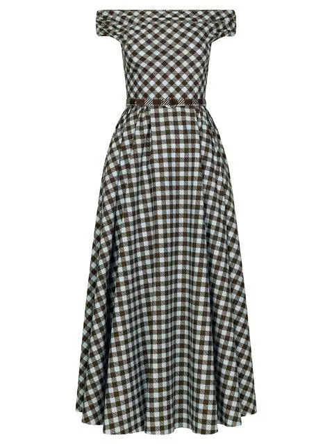 Oscar De La Renta Gingham Cotton Poplin Off-shoulder Dress - Blue