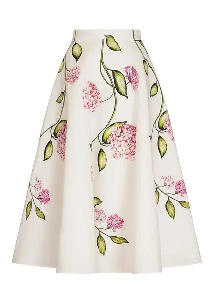 Oscar De La Renta Porcelain Flower Cotton Poplin Midi Skirt - Pink