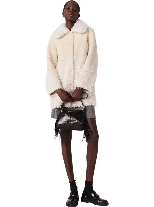Maje Long Faux Fur Coat - Neutral / White