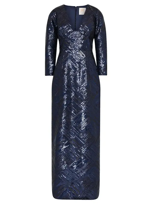 MILLY Jenna Long Sleeve Beaded Gown - Navy/black