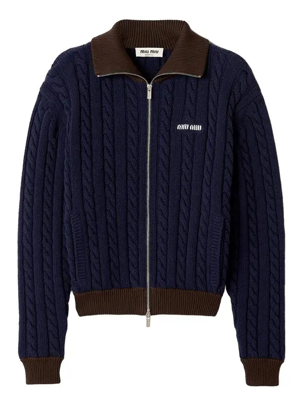 Miu Miu Wool And Cotton Zipper Cardigan - Navy