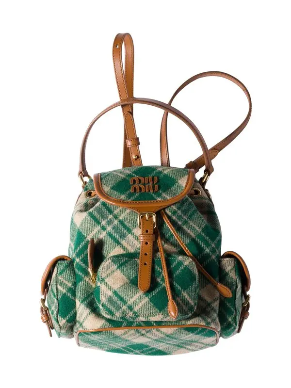 Miu Miu Plaid And Leather Backpack - Emerald Green